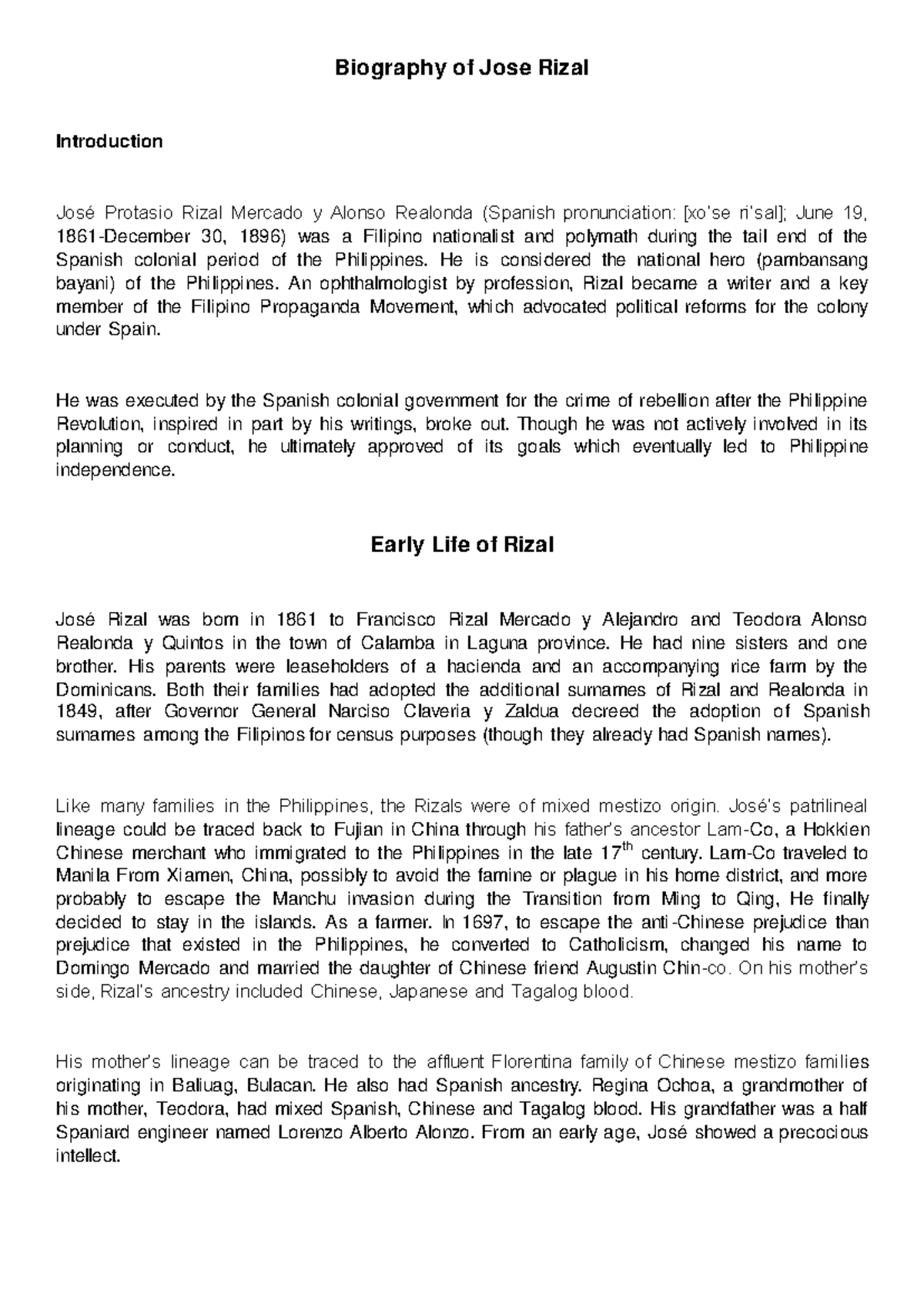 Life and Legacy of Jose Rizal: A Comprehensive Biography - Studocu