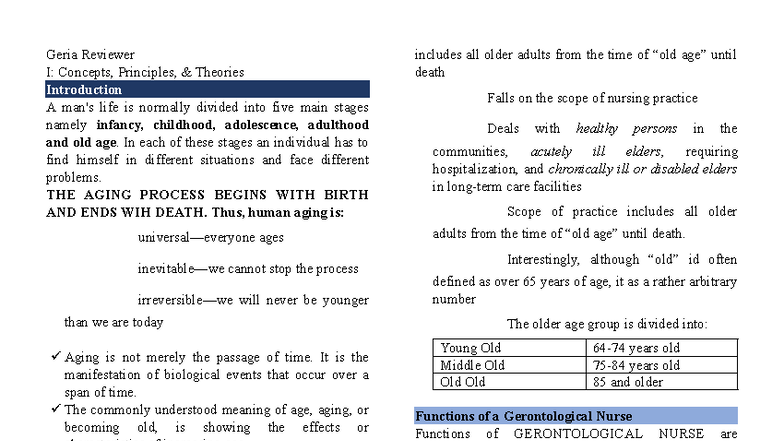 Geria Reviewer I: Concepts and Principles of Aging Process - Studocu