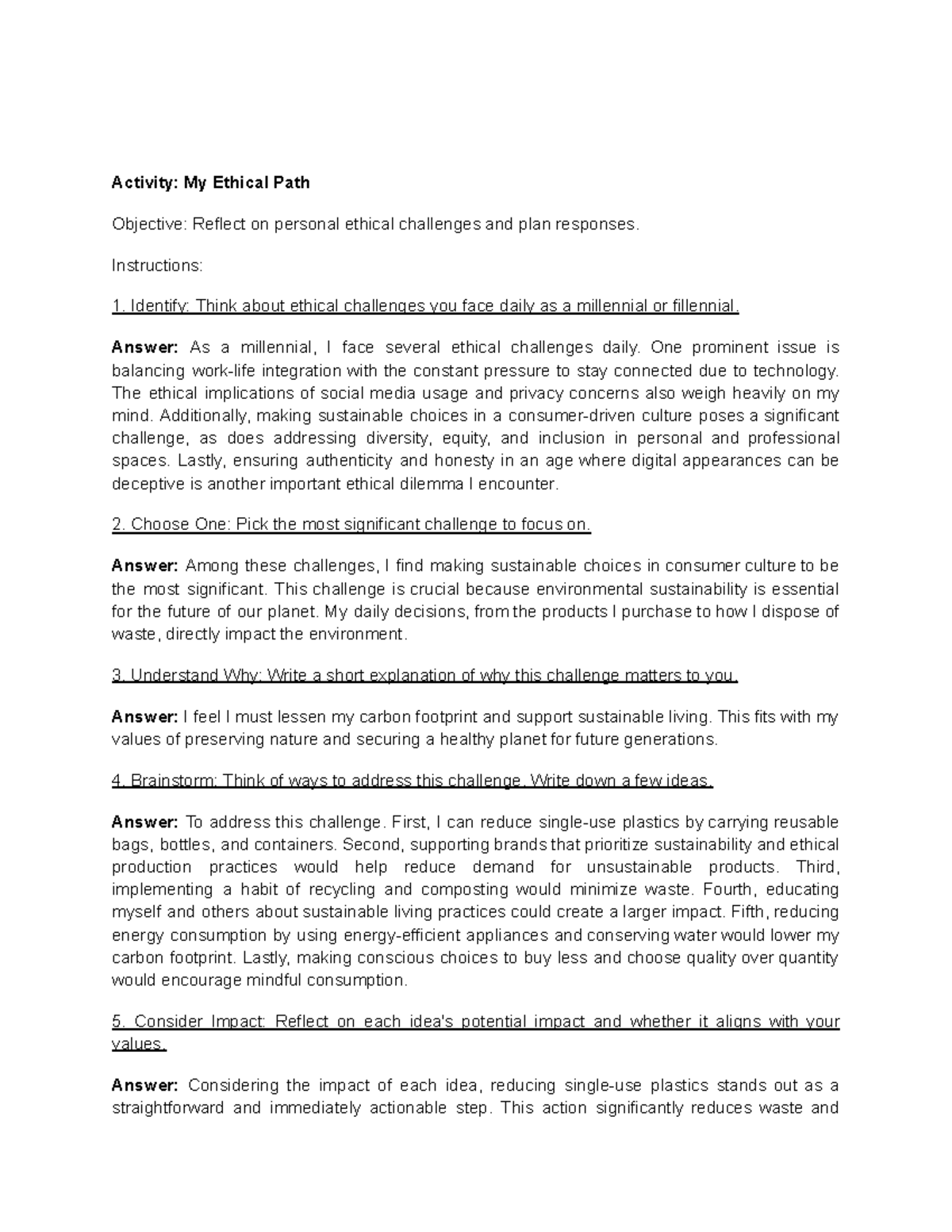 Activity: My Ethical Path - Reflecting on Sustainable Choices - Studocu