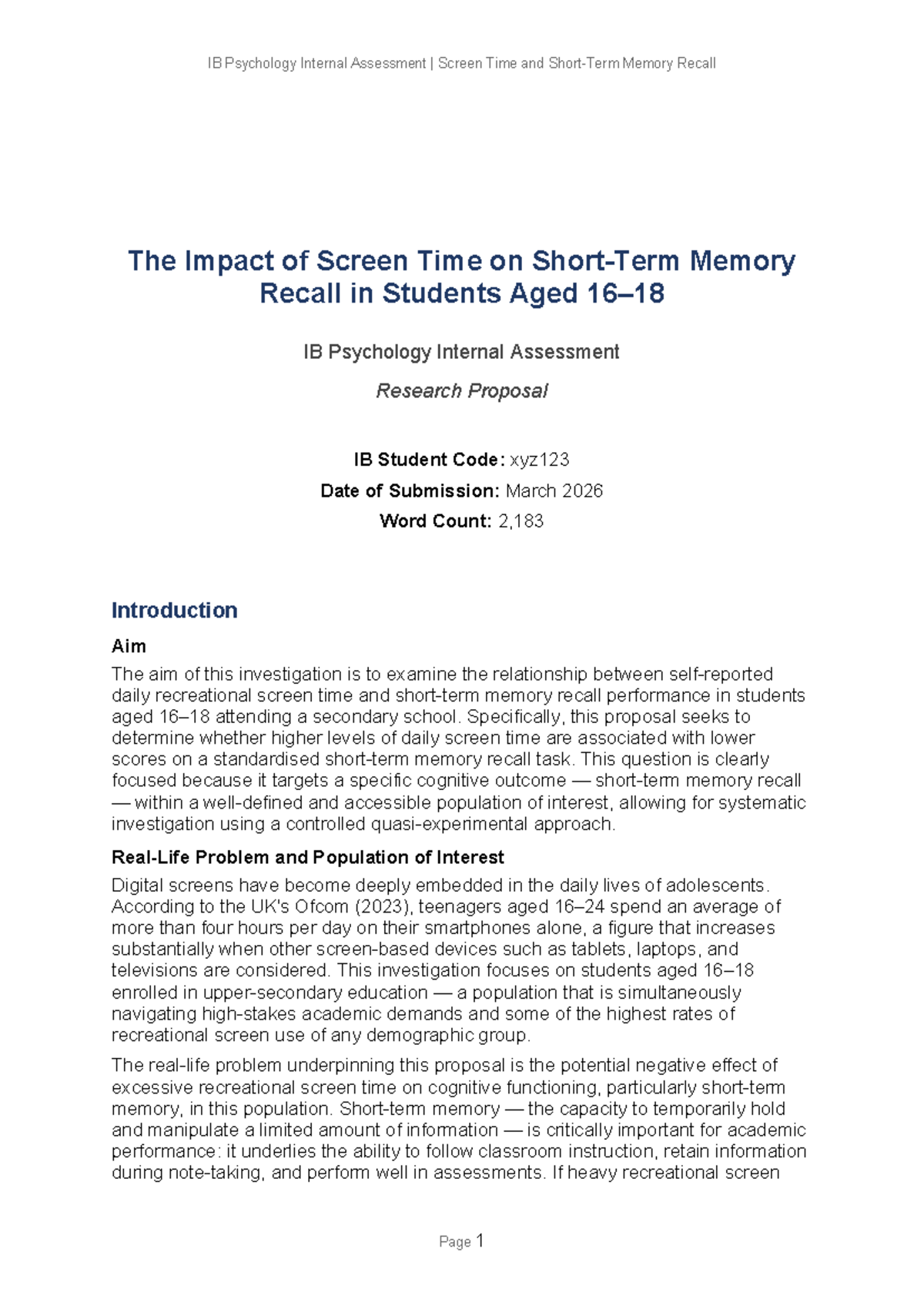 IB Psychology IA: The Impact of Screen Time on Memory Recall - Studocu