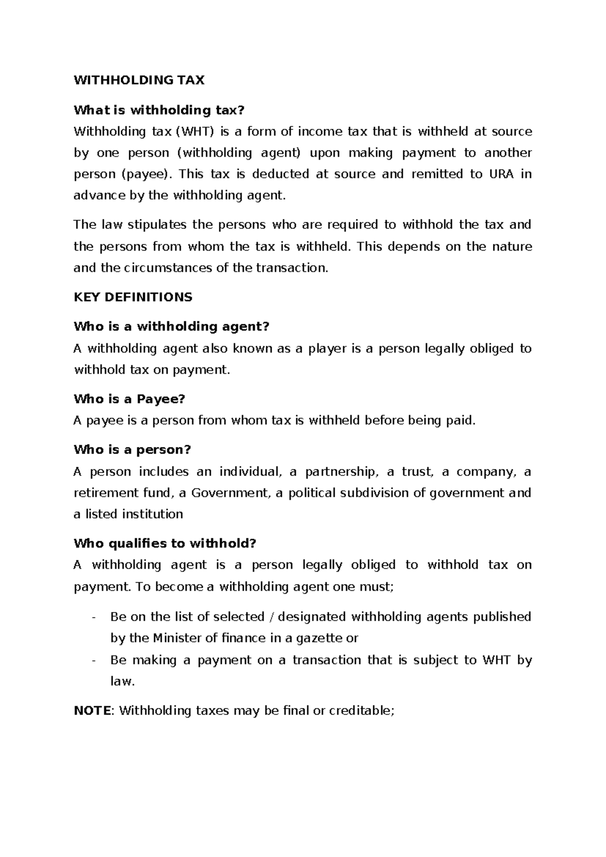 Withholding Tax Overview and Guidelines (WHT) - Studocu