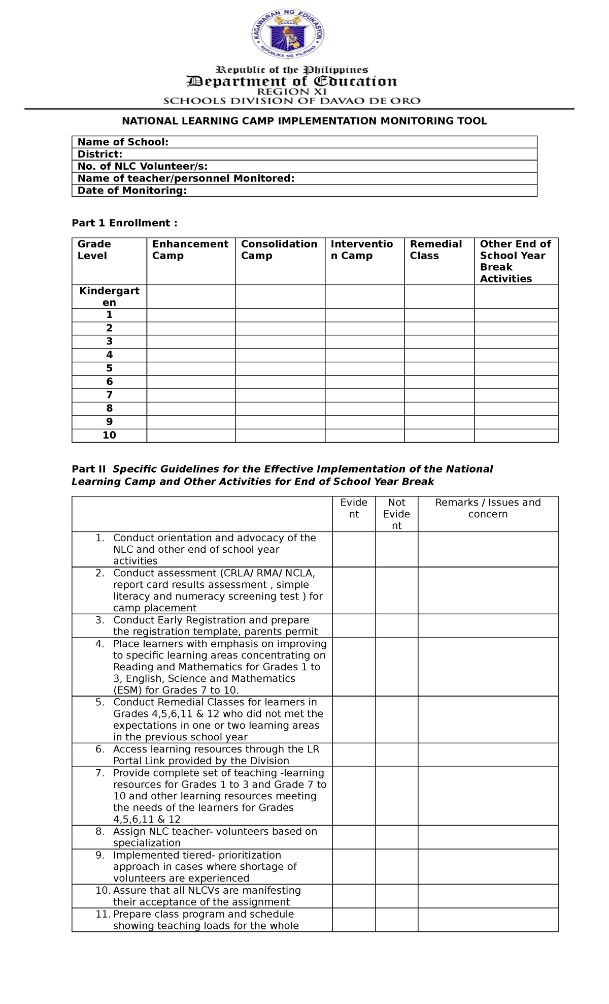 National Learning CAMP Implementation Monitoring Tool for Schools - Studocu