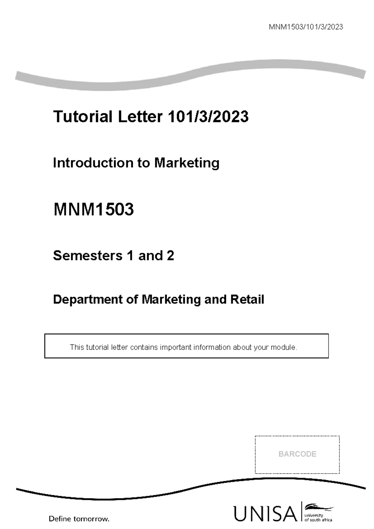 MNM1503 - Tutorial Letter 101/3 for Introduction to Marketing - Studocu