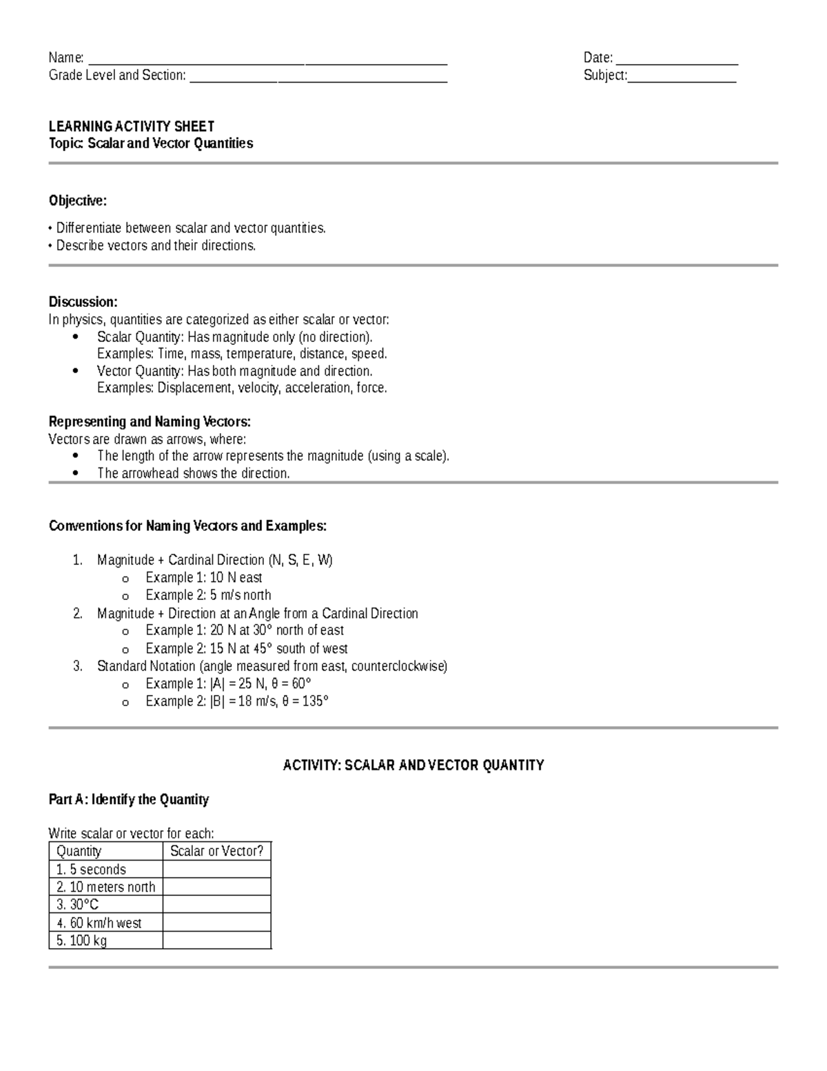 LAS: Scalar and Vector Quantities Learning Activity Sheet - Studocu