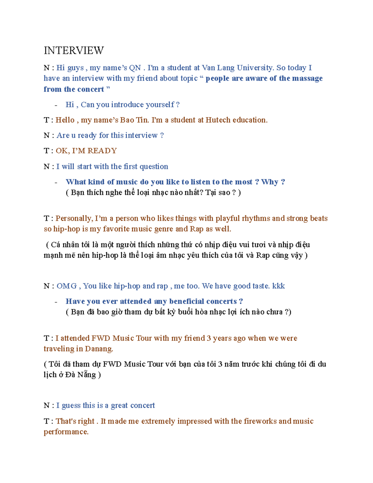 Interview - edfew - INTERVIEW N : Hi guys , my name’s QN. I'm a student at Van Lang University ...