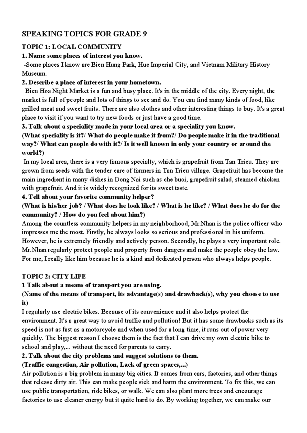 Speaking Topics for Grade 9: Exploring Community, City Life, and ...