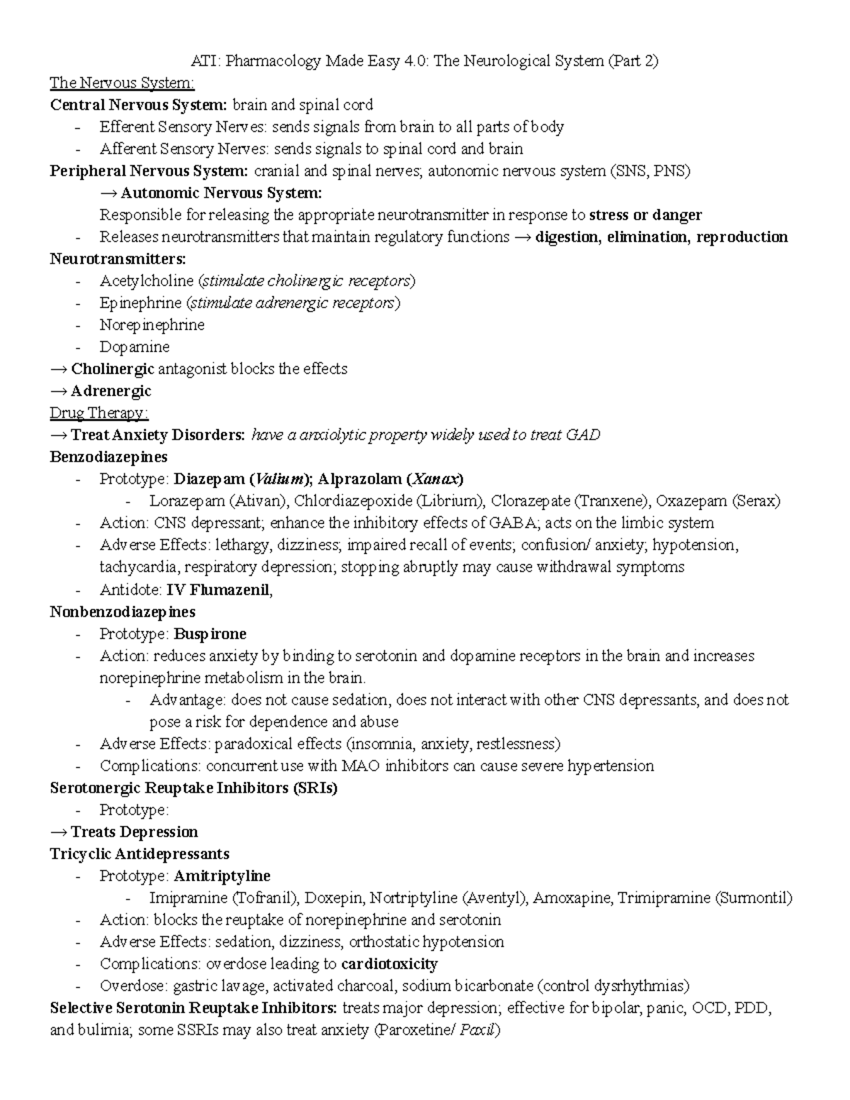 NUR 240 - Week 3 ATI Pharmacology: Neurological System P2 Notes - Studocu