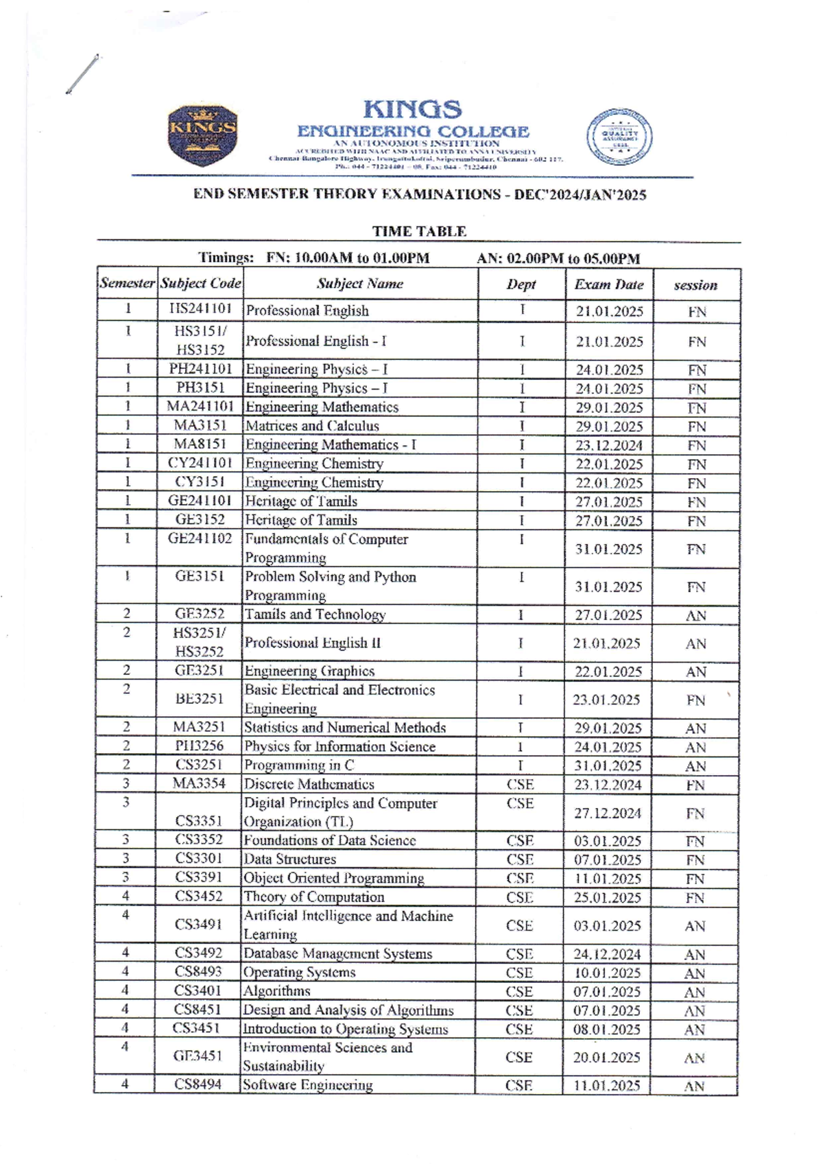 End Semester Exam Schedule - KINGS KINGS ENGINEERING COLLEGE QUALITY ...