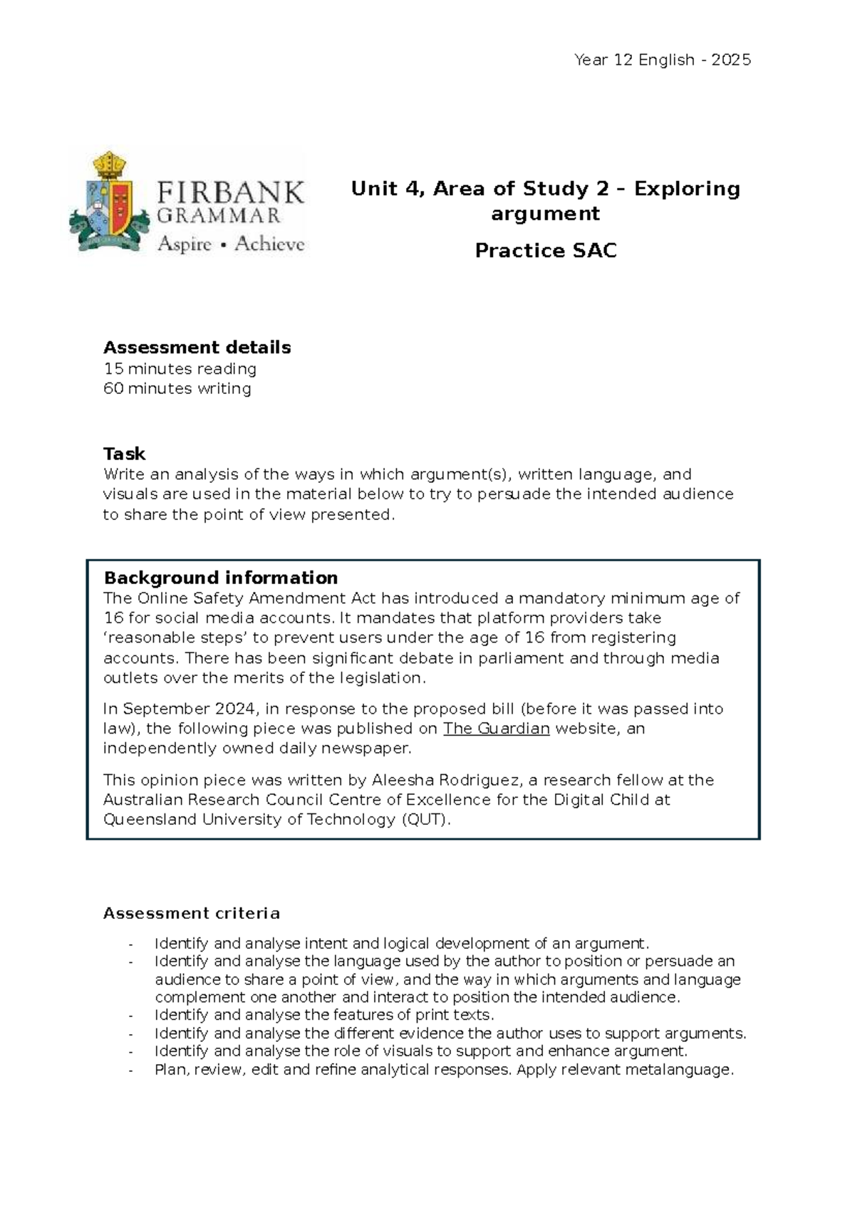 2025 - Year 12 English Unit 4 Argument Analysis SAC: Social Media Ban ...