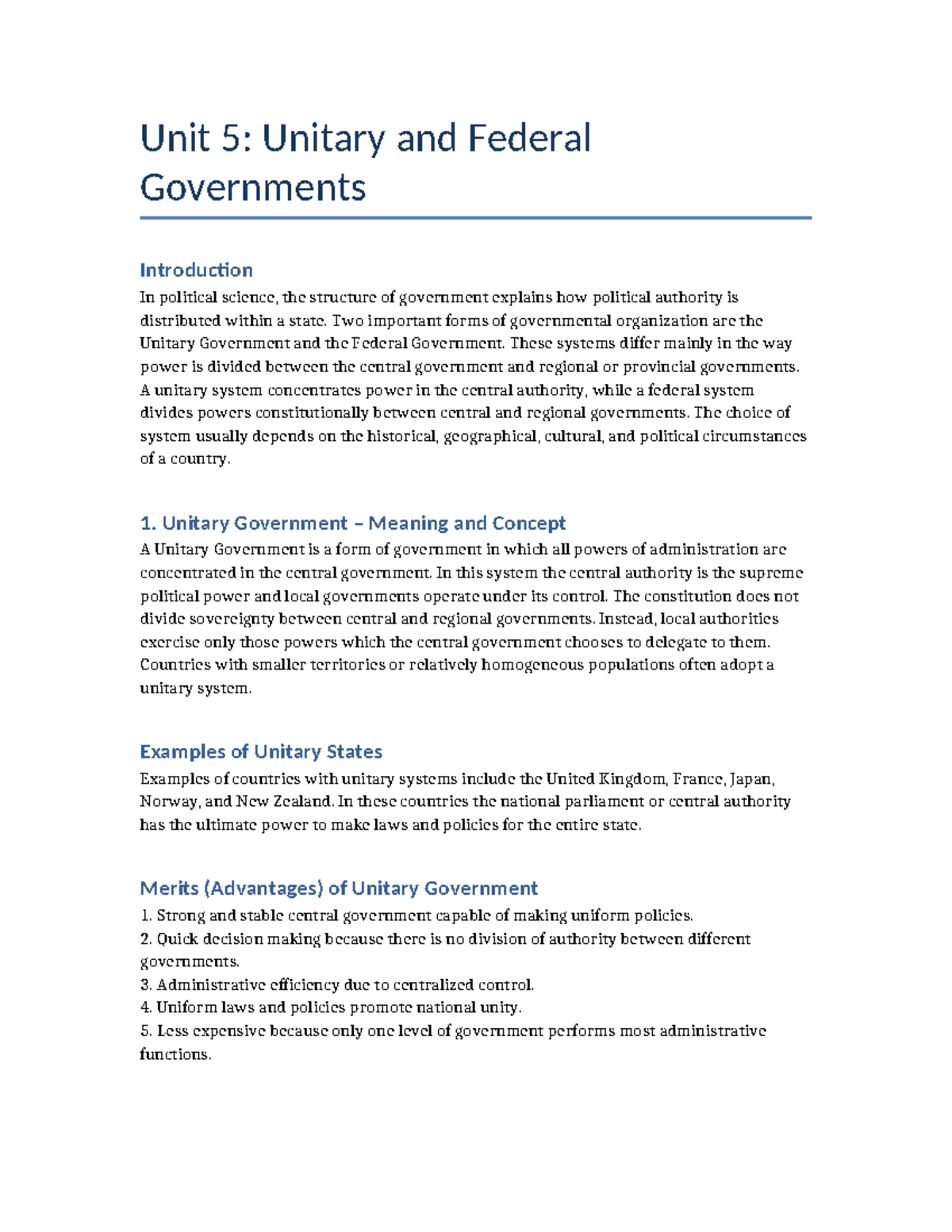 Unit 5: Unitary vs Federal Governments - Key Concepts and Features ...