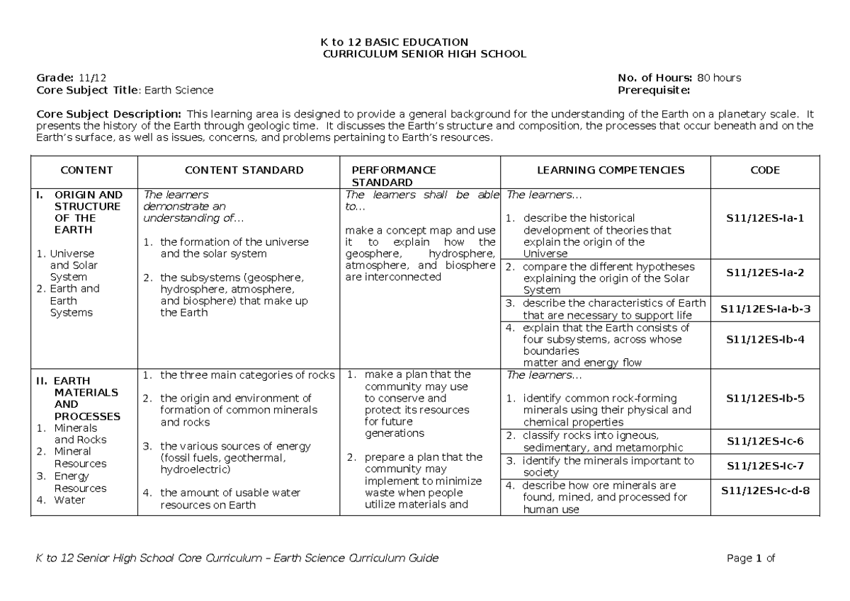 K to 12 SHS Earth Science Curriculum Guide (Grades 11/12) - Studocu