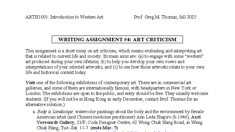 ARTH1001: Art Criticism Writing Assignment - Fall 2025 - Studocu