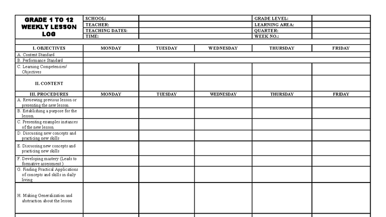 GRADE 1 TO 12 WEEKLY LESSON LOG: OBJECTIVES & REFLECTION - Studocu