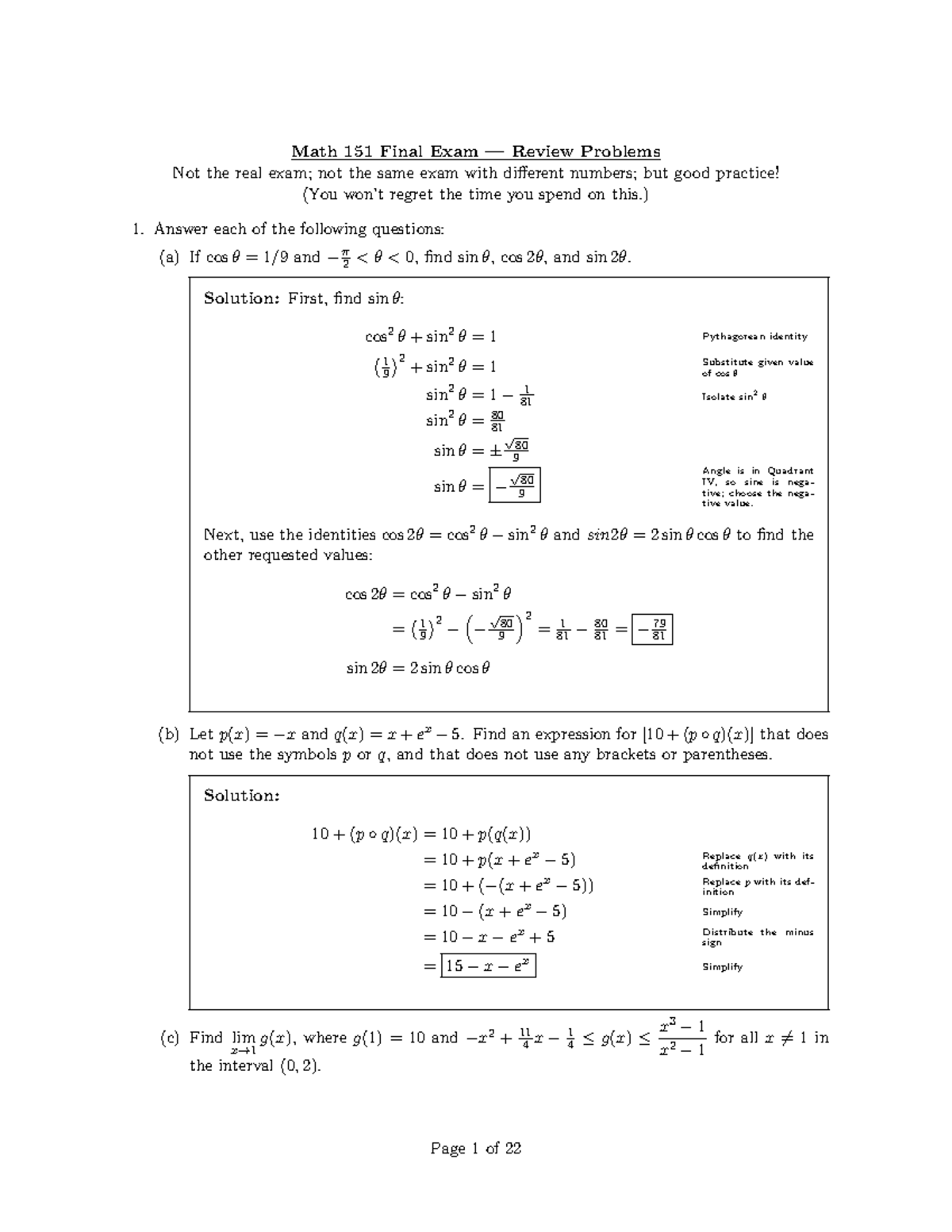 Math 151 Final Exam Fa24 Review Problems with Solutions - Studocu