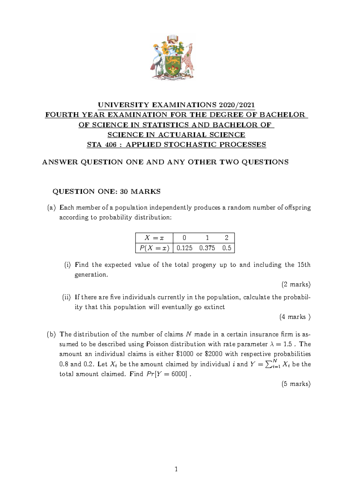 STA 406: Past Exam Paper on Applied Stochastic Processes - Studocu
