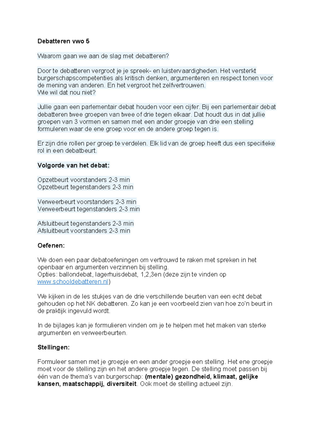 VWO 5 Debatteren - Onderwijs en Vaardigheden in Debatteren - Studeersnel