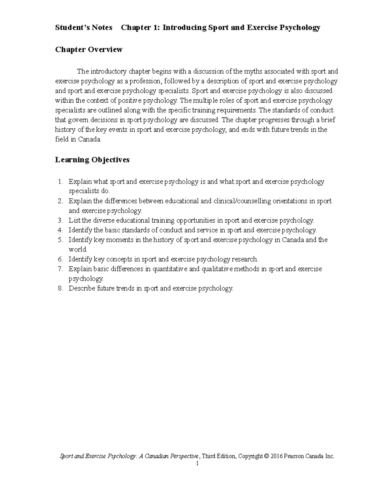 Notes Chapter 1 Introduction to Sports and Exercise Psychology ...