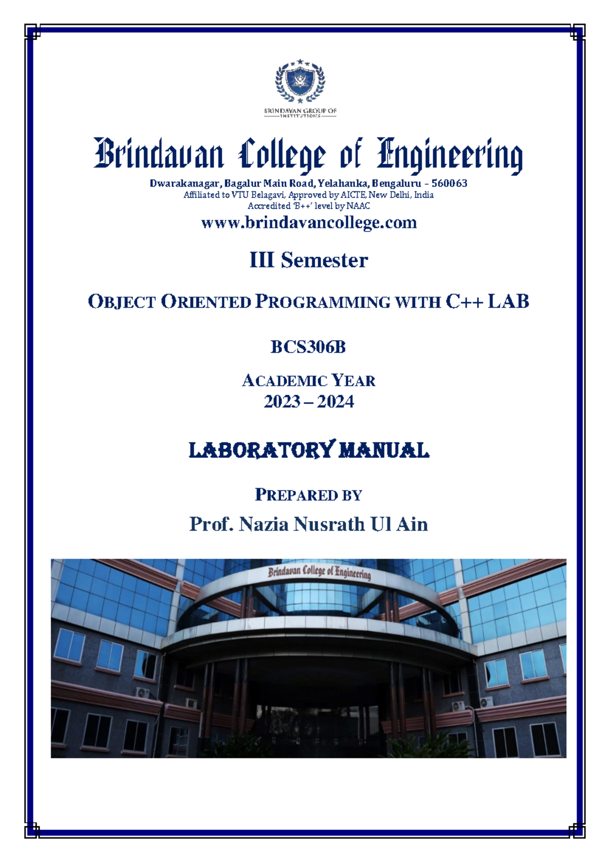 Laboratory Manual for Object Oriented Programming with Lab BCS306B ...