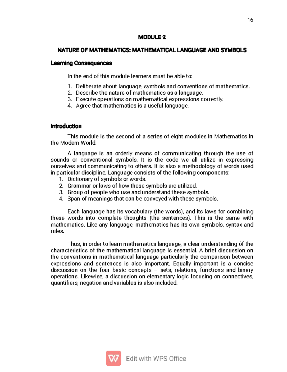 16 MODULE 2: NATURE OF MATHEMATICS - LANGUAGE & SYMBOLS Overview - Studocu
