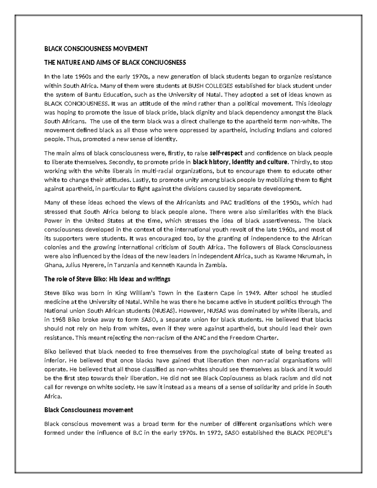 Black Consciousness Movement: Nature, Aims, and Impact (Essay) - Studocu