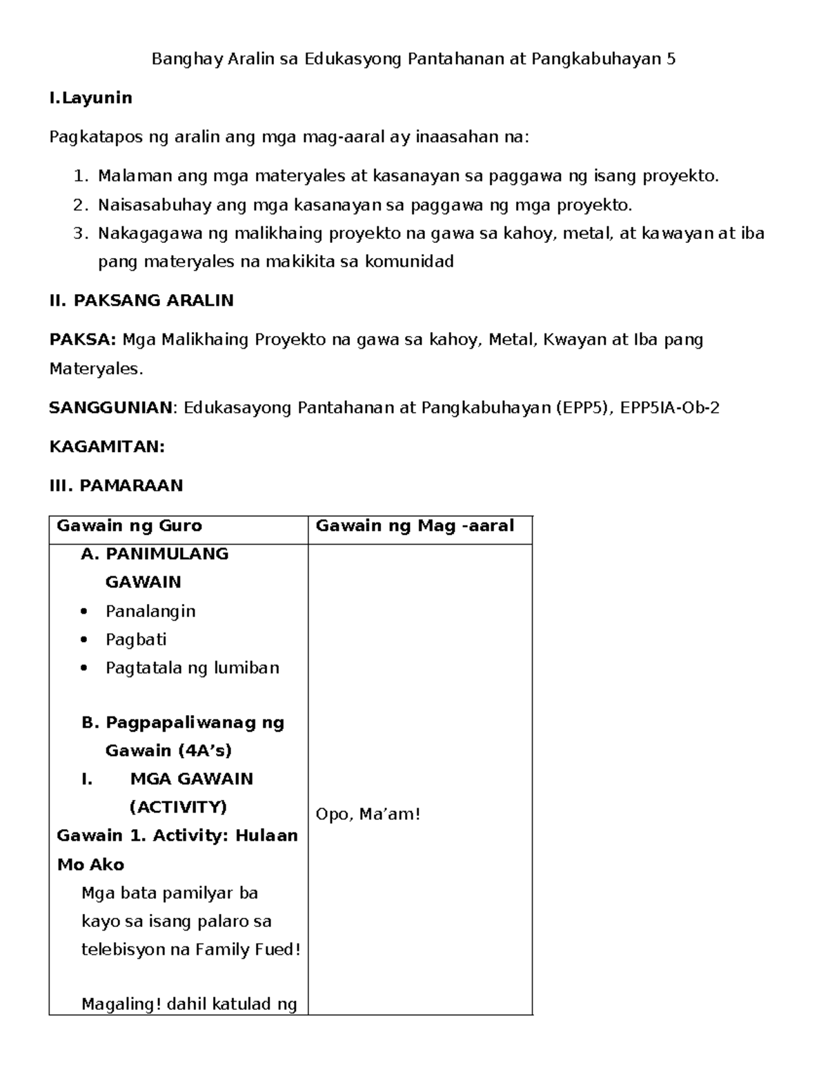 Detalyadong Banghay Aralin sa EPP 5: Mga Malikhaing Proyekto - Studocu