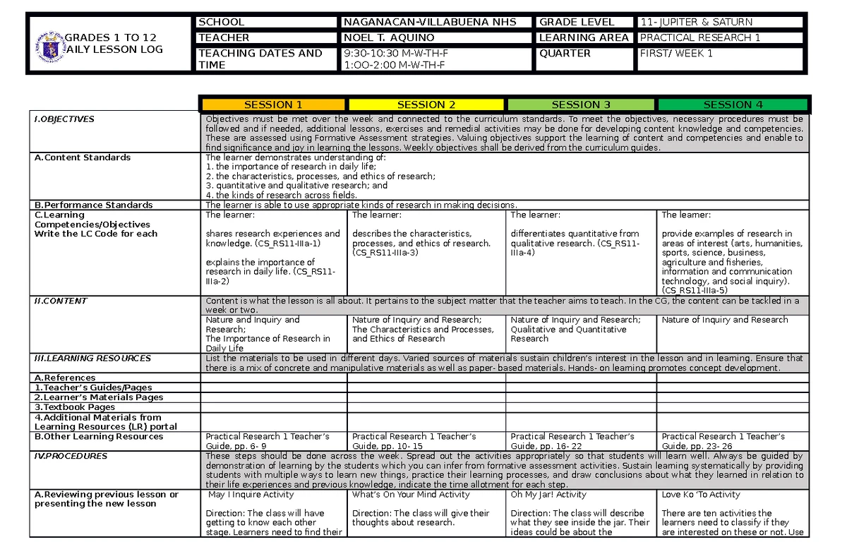 Week 3 - Practical Research DLL - GRADE 1 to 12 DAILY LESSON LOG School ...