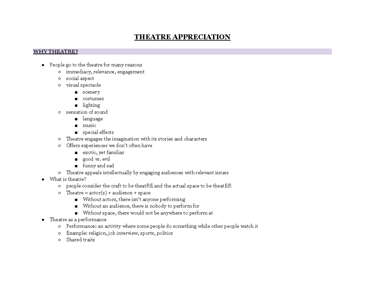 THEATRE APPRECIATION (THEA 101) - Midterm Study Guide Notes - Studocu