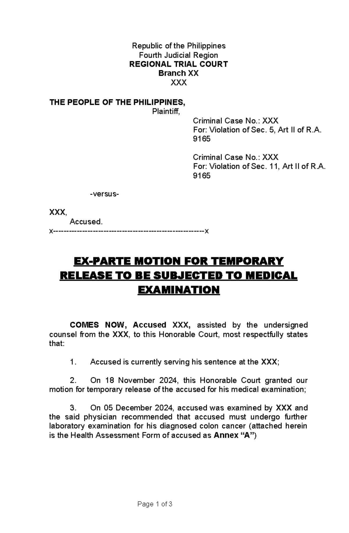 Ex-Parte Motion for Medical Examination - Criminal Case No. XXX - Studocu