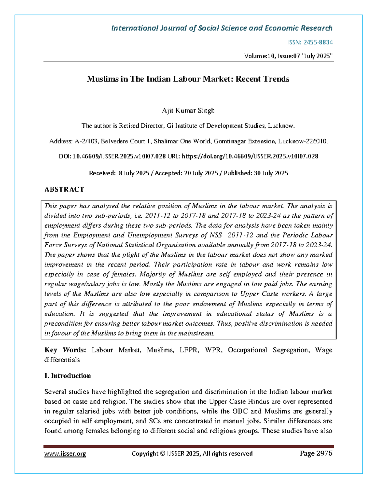Muslims in the Indian Labour Market: Trends and Discrimination Analysis ...