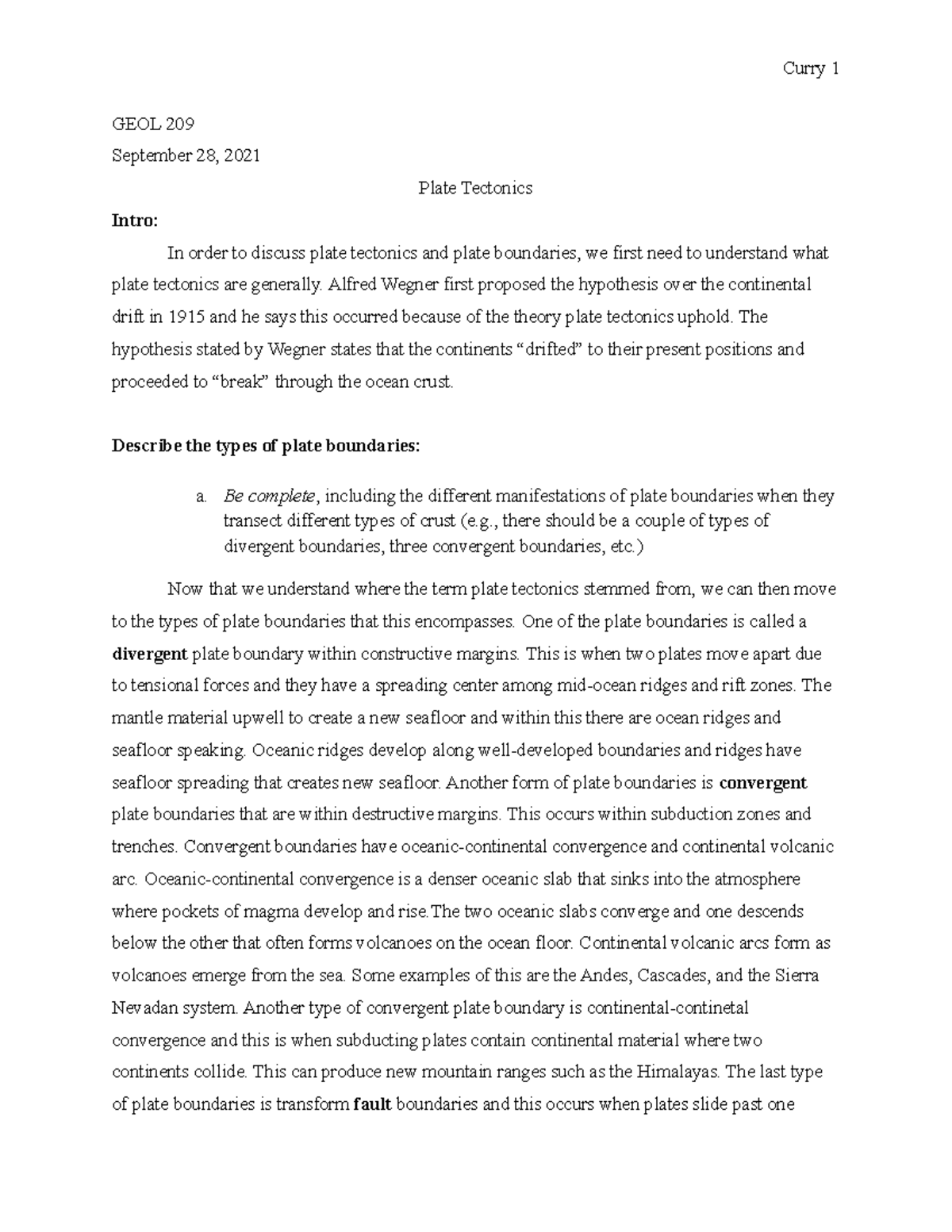 Plate Tectonics Analysis Paper - GEOL 209 September 28, 2021 Plate ...