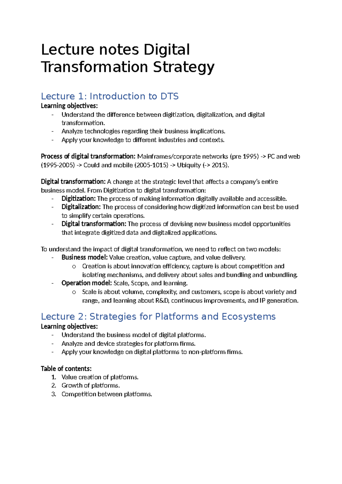 Lecture Notes on Digital Transformation Strategies (DTS) - Studeersnel