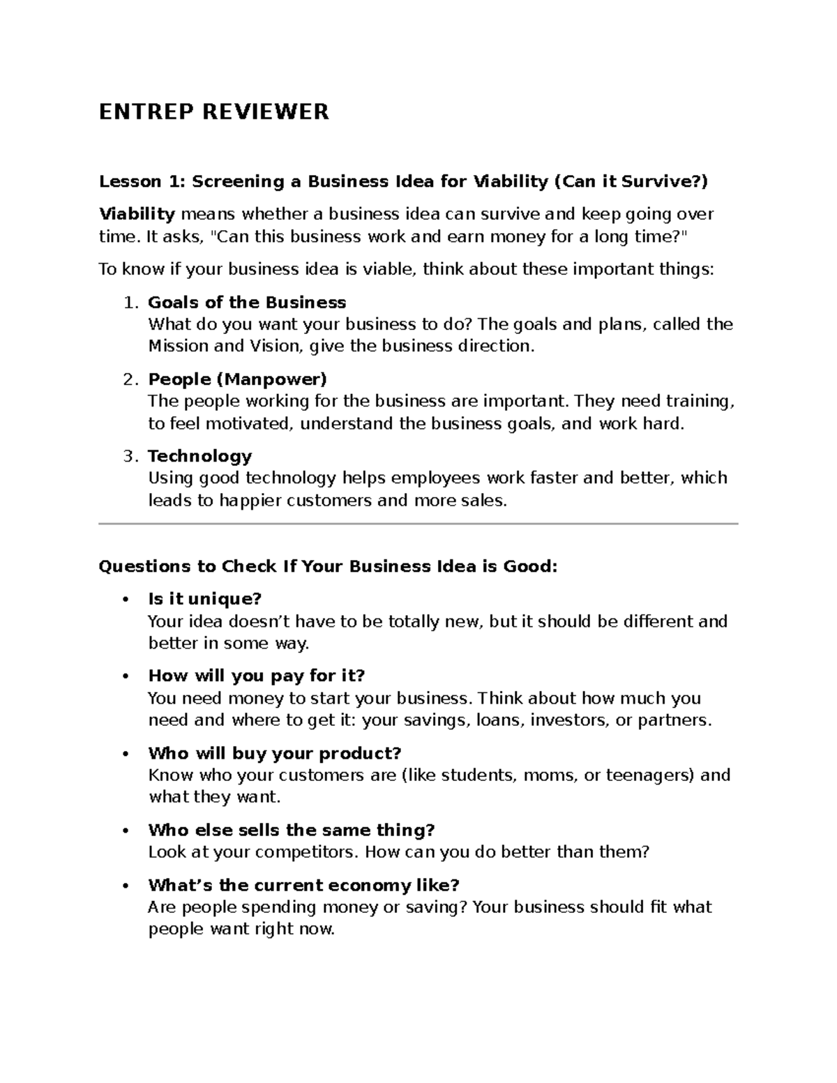 ENTREP 101: Business Idea Viability & Profitability Lessons 1-7 - Studocu