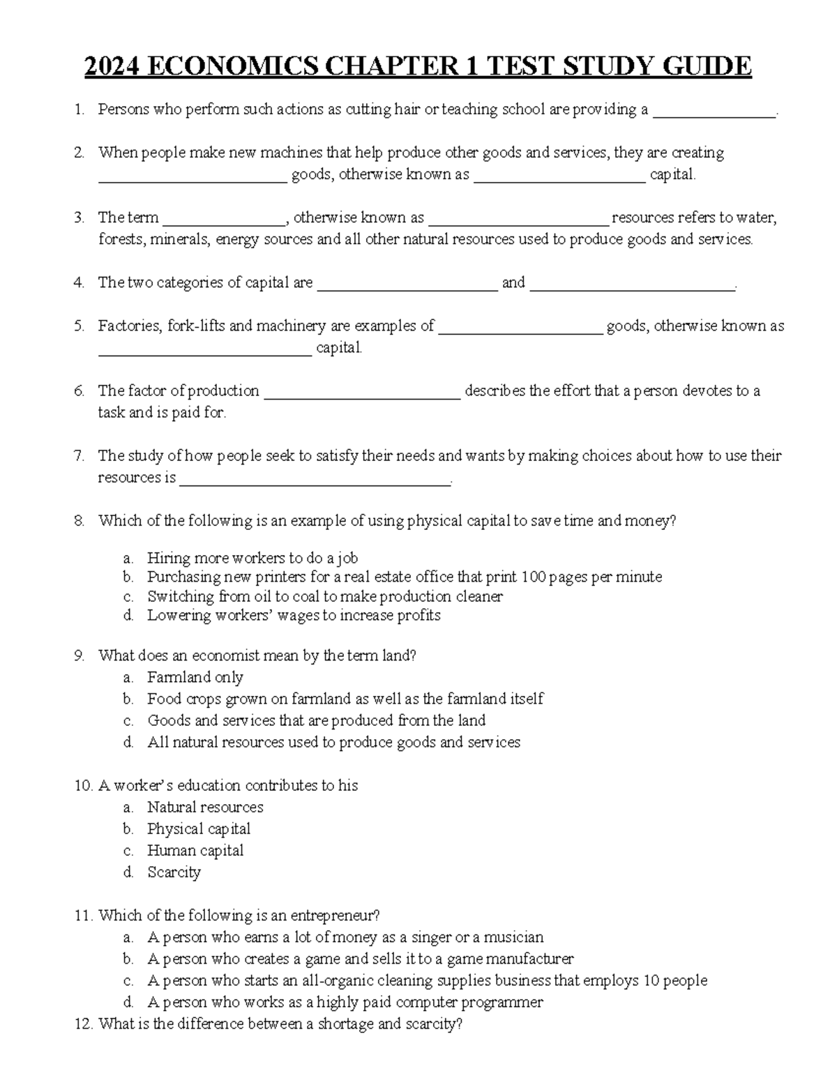 2024 ECONOMICS CHAPTER 1 TEST STUDY GUIDE: PRODUCTION POSSIBILITIES ...