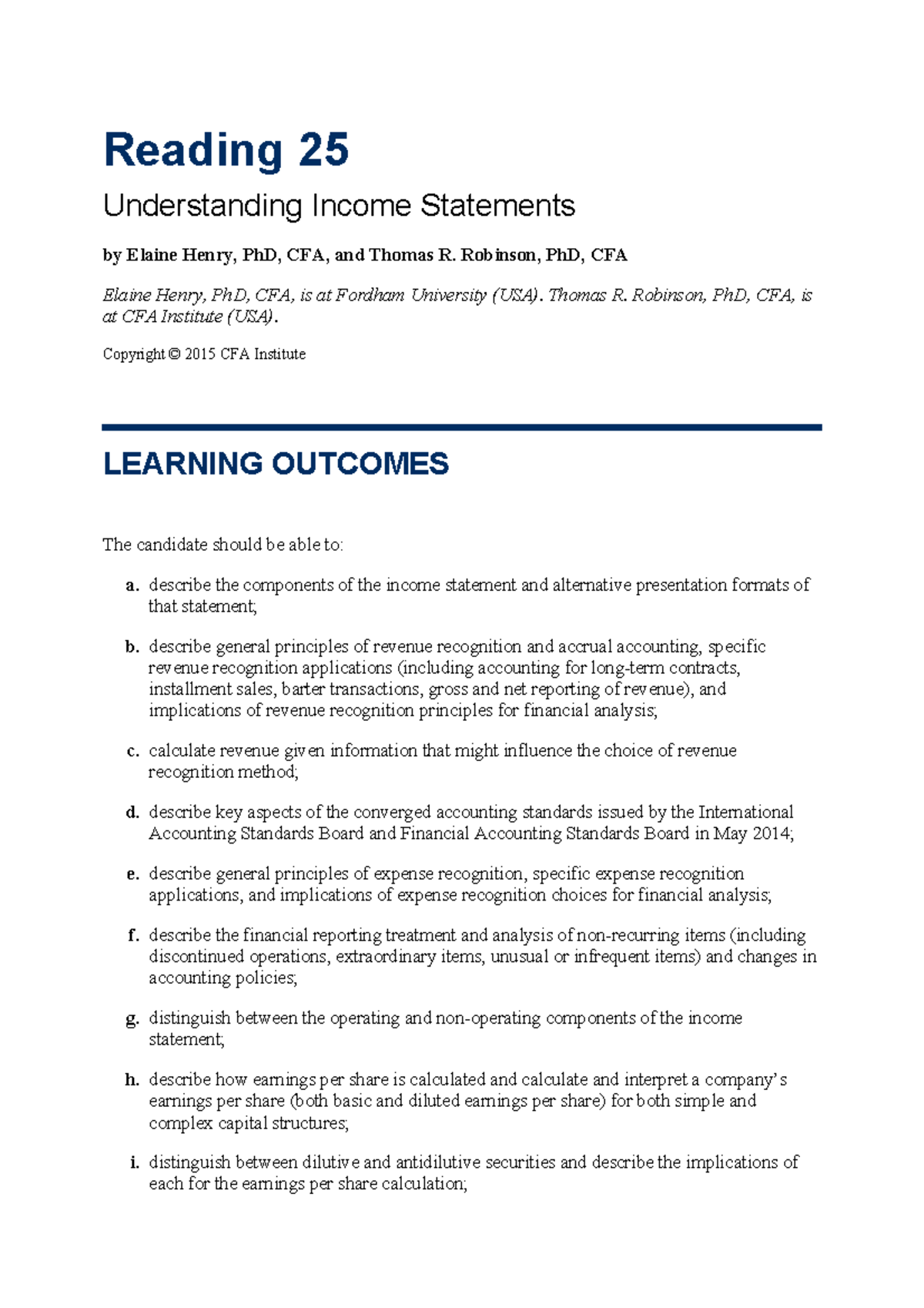 CFA L1 2016 Reading 25: Understanding Income Statements - Studocu