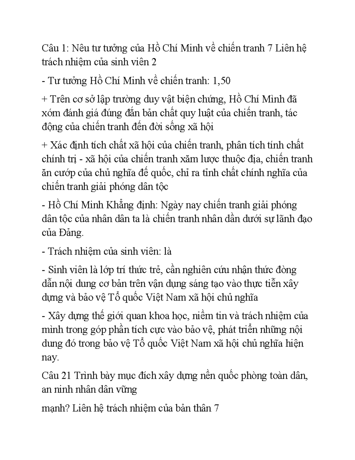 Tư tưởng Hồ Chí Minh về Chiến tranh và Trách nhiệm Sinh viên - Câu 1-11 ...