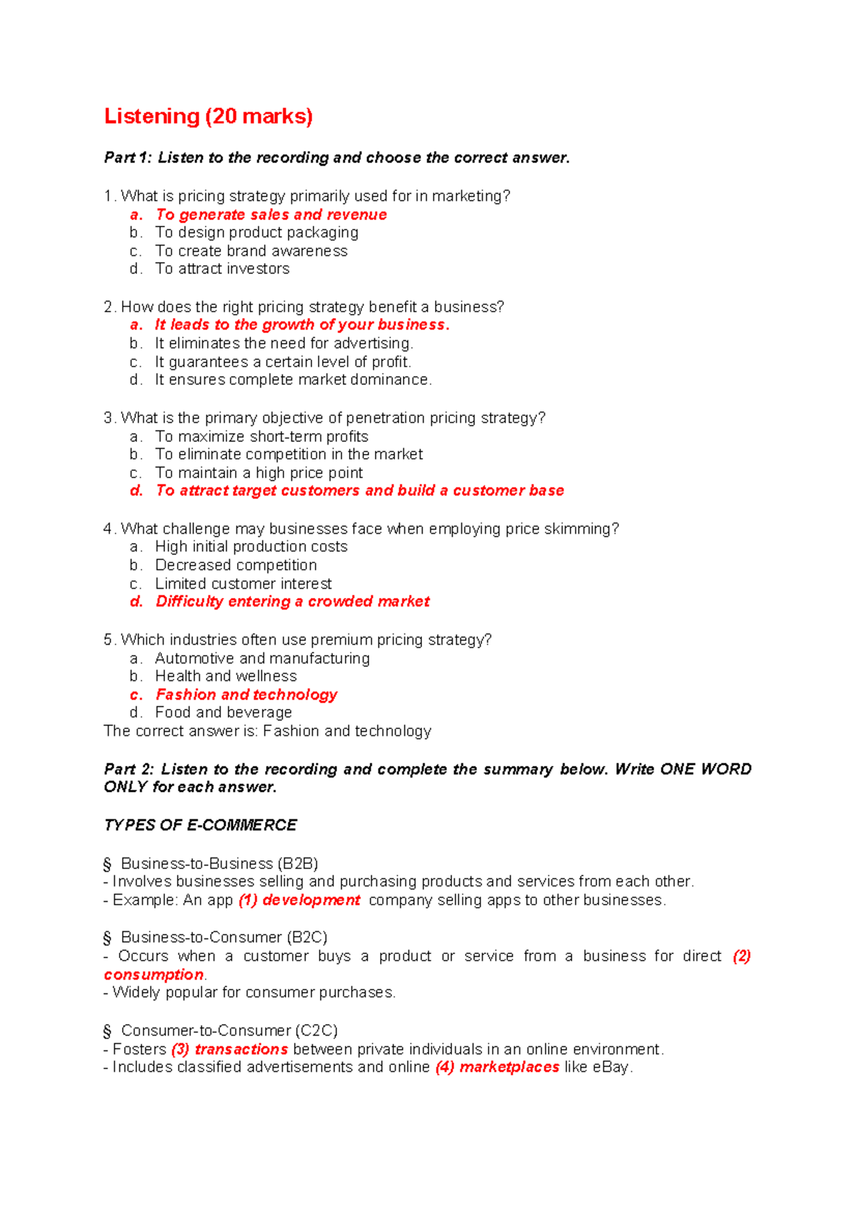 COB1 Listening & Reading Sample Test with Answers and Analysis - Studocu