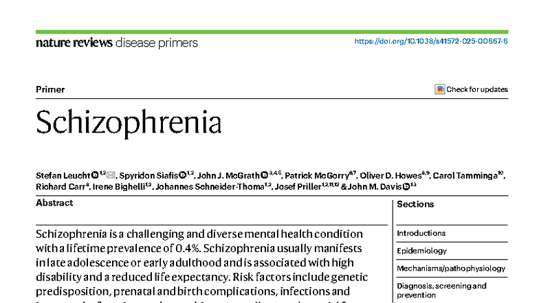 Esquizofrenia: Revisión Integral 2025 - Nature Reviews Disease Primers - Studocu