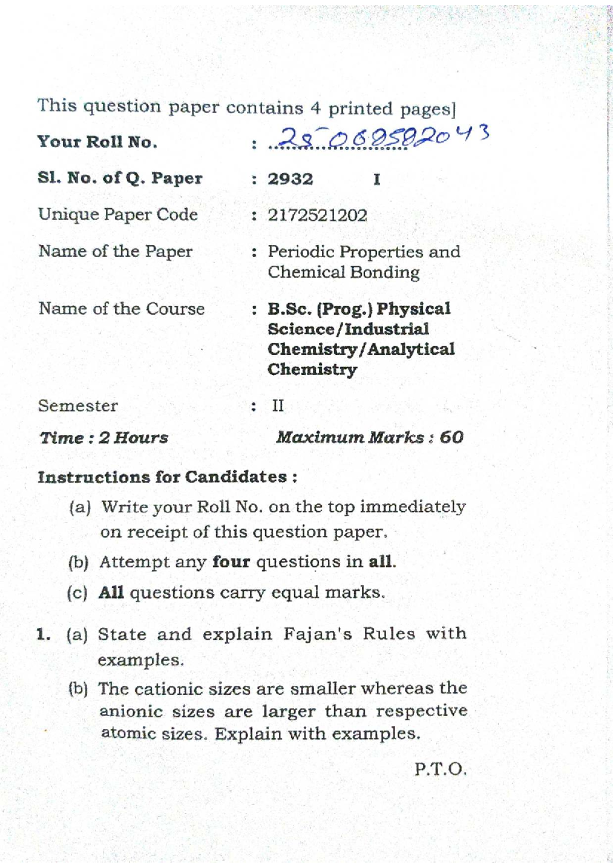 B.Sc. (Prog.) Physical Chemistry II: Periodic Properties & Chemical ...
