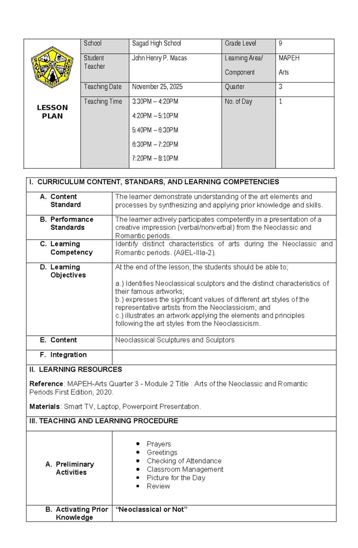 Grade 9 MAPEH Lesson Plan: Arts of Neoclassic & Romantic Periods - Studocu