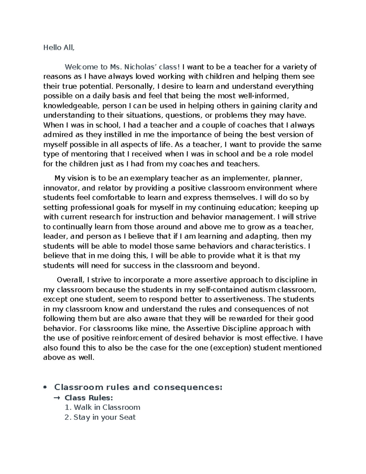 Cumulative Assignment Welcome Letter - Strategies for Classroom Success ...