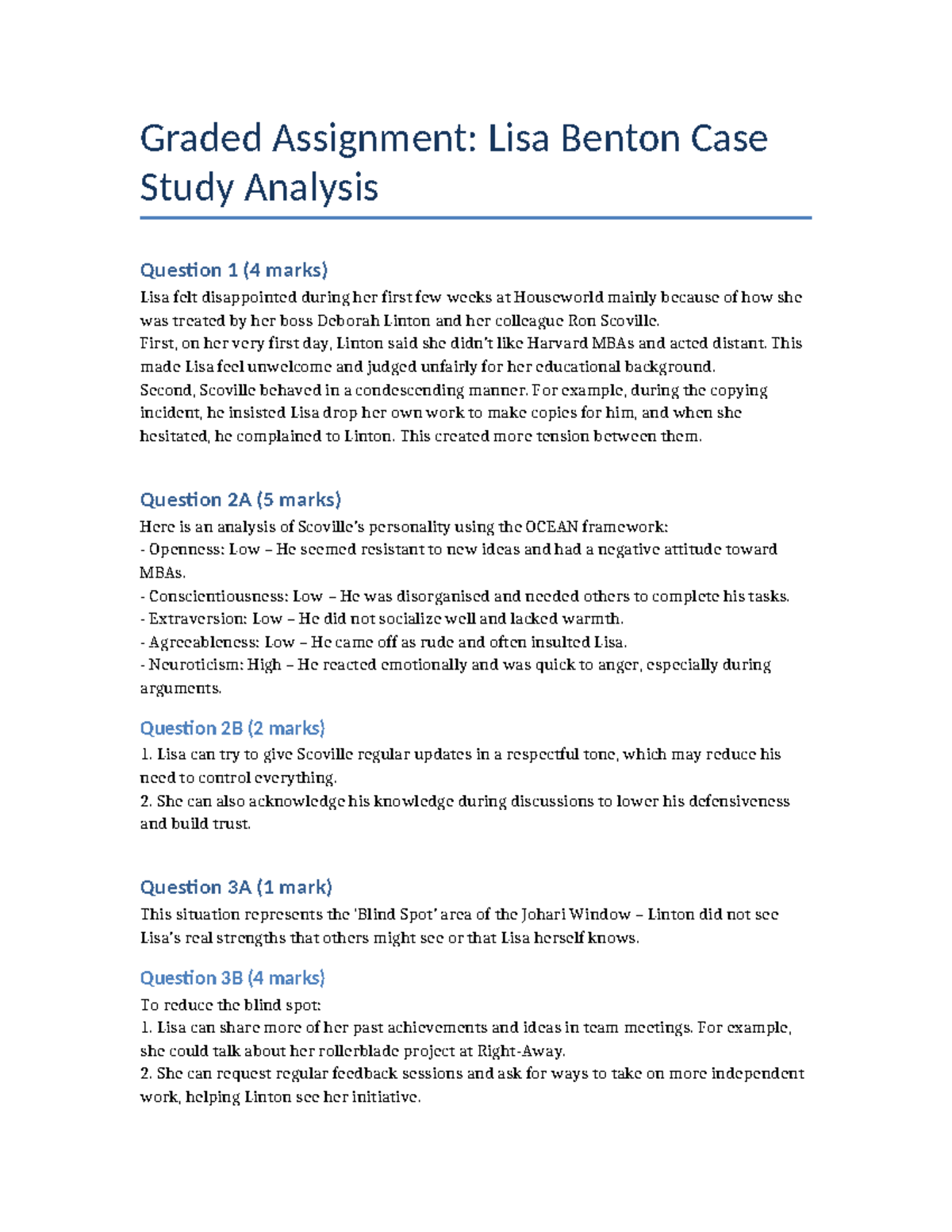 Lisa Benton Case Study Analysis: Graded Assignment Insights (4 Marks ...