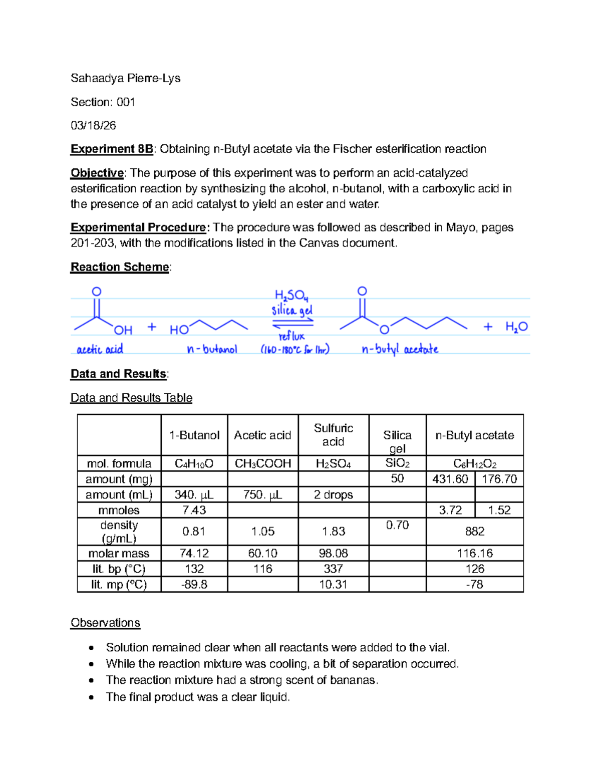 Orgo Chem Lab 2.0: Exp 8B - Fischer Esterification Report - Studocu