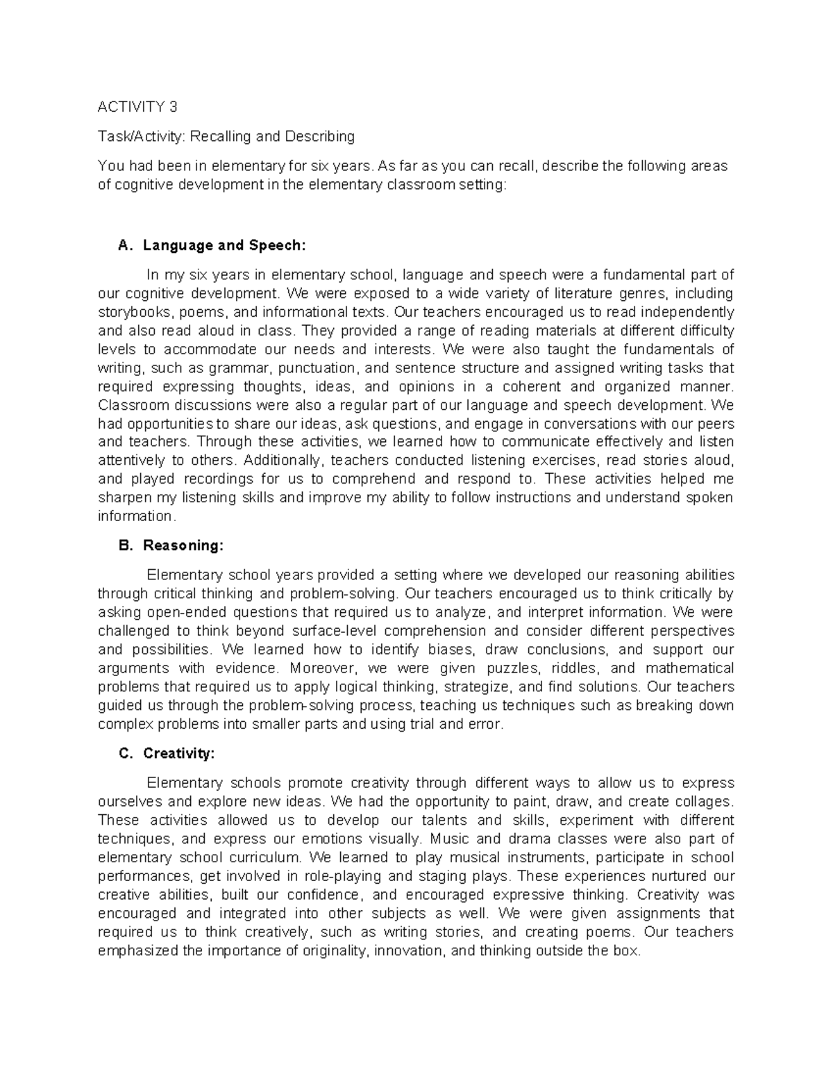 CAAL Activity 3: Cognitive Development in Elementary Education - Studocu