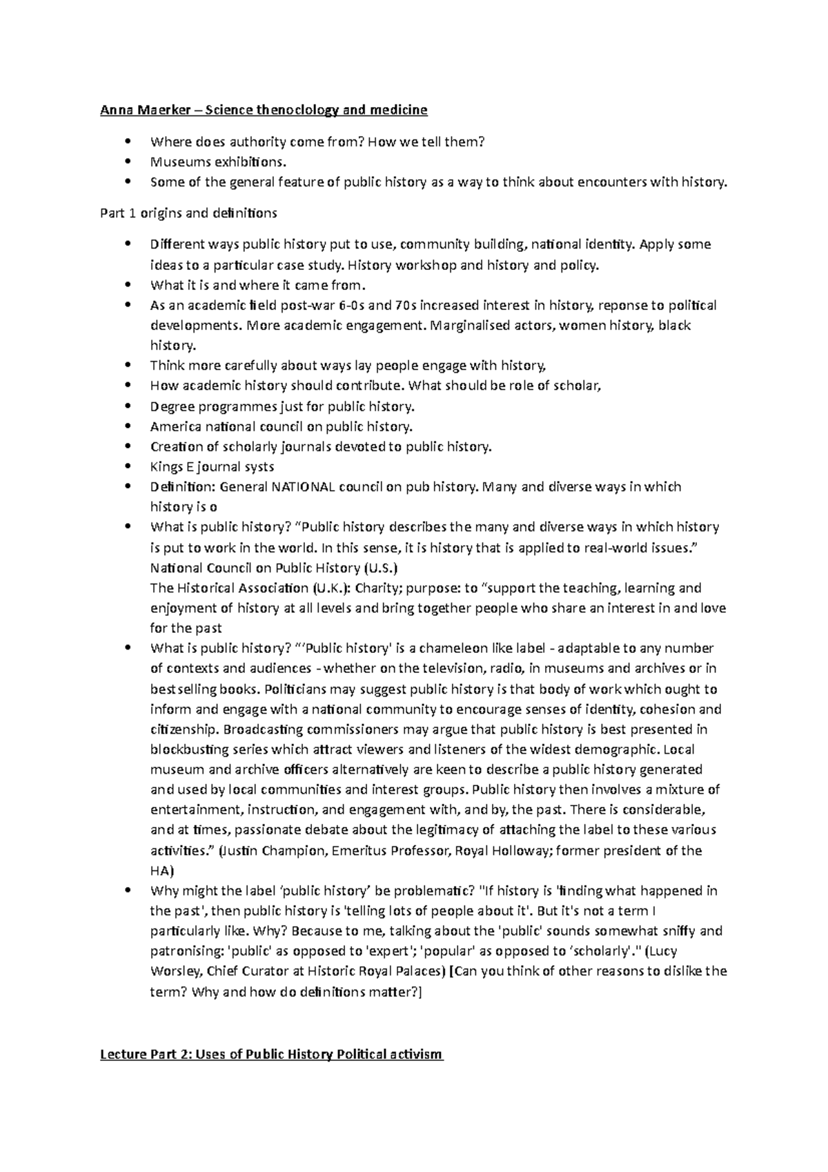 Week 2 Lectures Notes on Public History and Memory - Anna Maerker ...