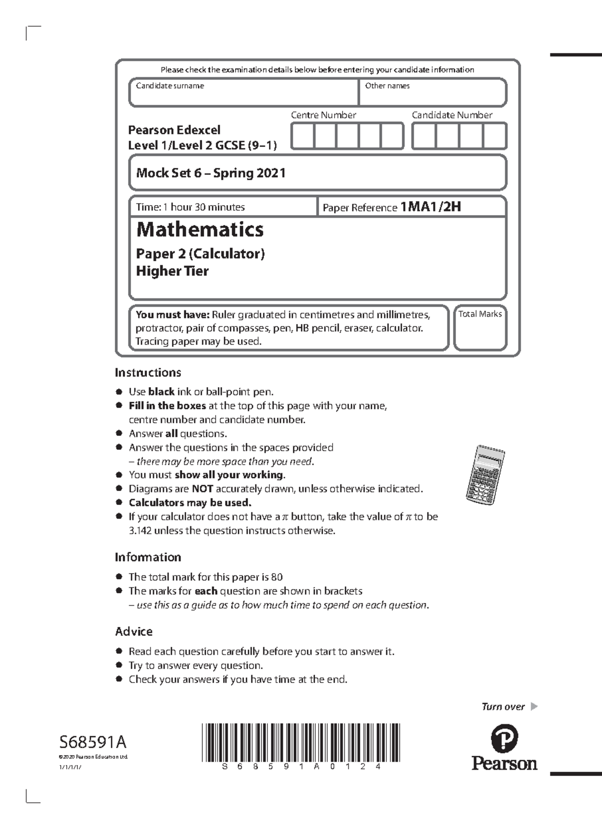 1MA1 2H - Mock Set 6 Question Papers for Mathematics Examination - Studocu