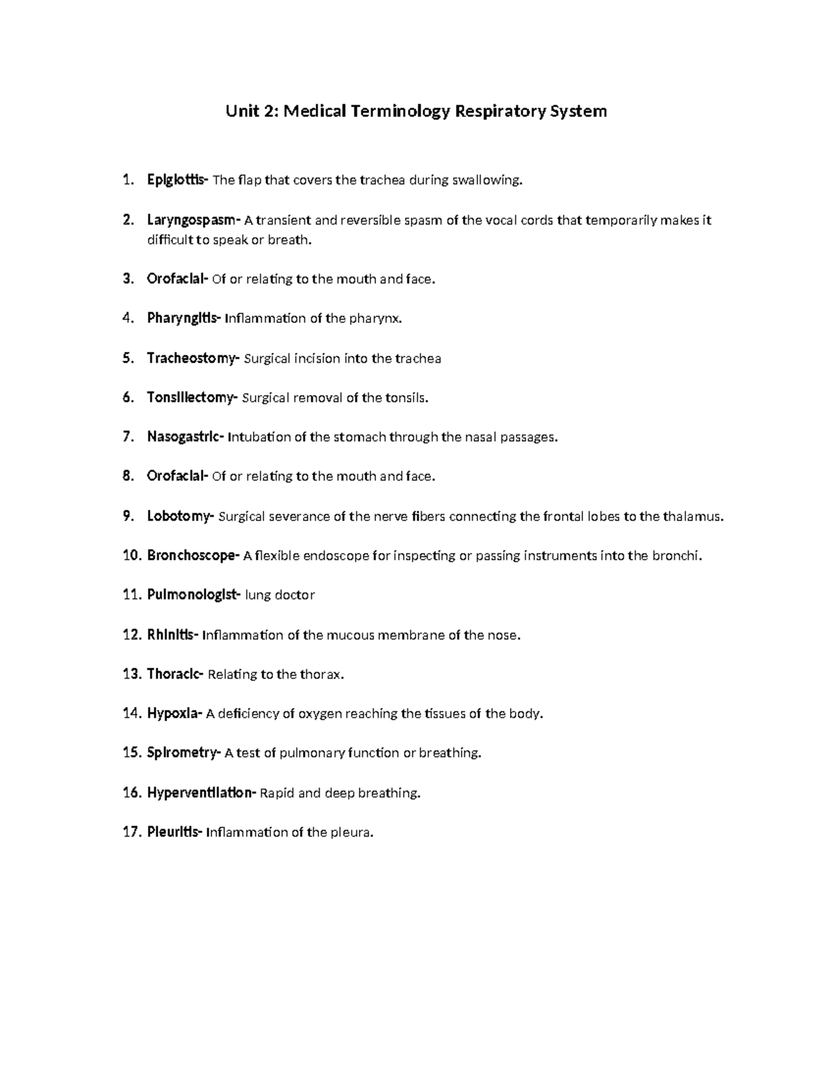 Unit 2 Medical Terminology: Key Terms in Respiratory System - Studocu
