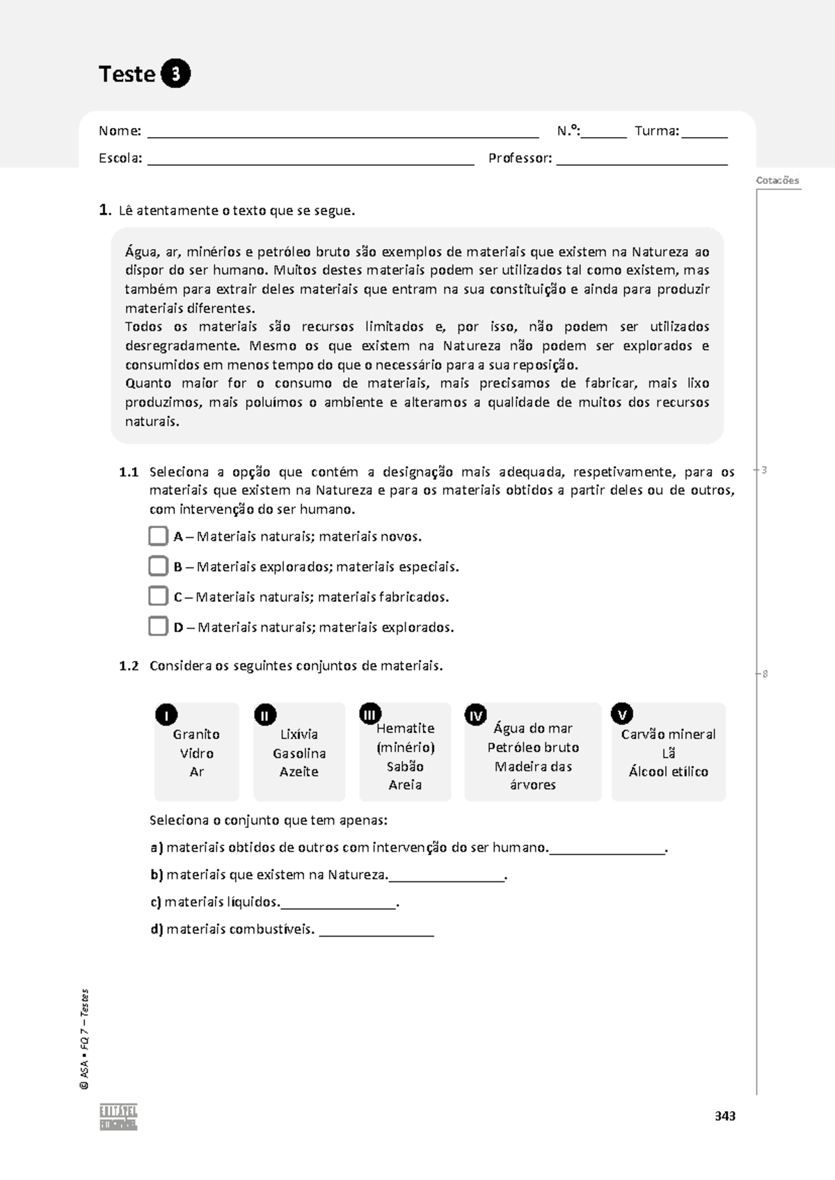 Teste 3 ASA FQ - Constituição do Mundo Material: Substâncias e Misturas ...