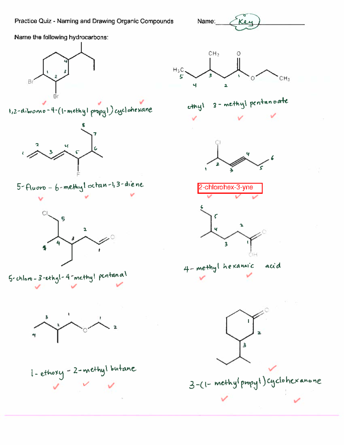 Organic Compounds Naming Practice Quiz Key (CHM 101) - Studocu
