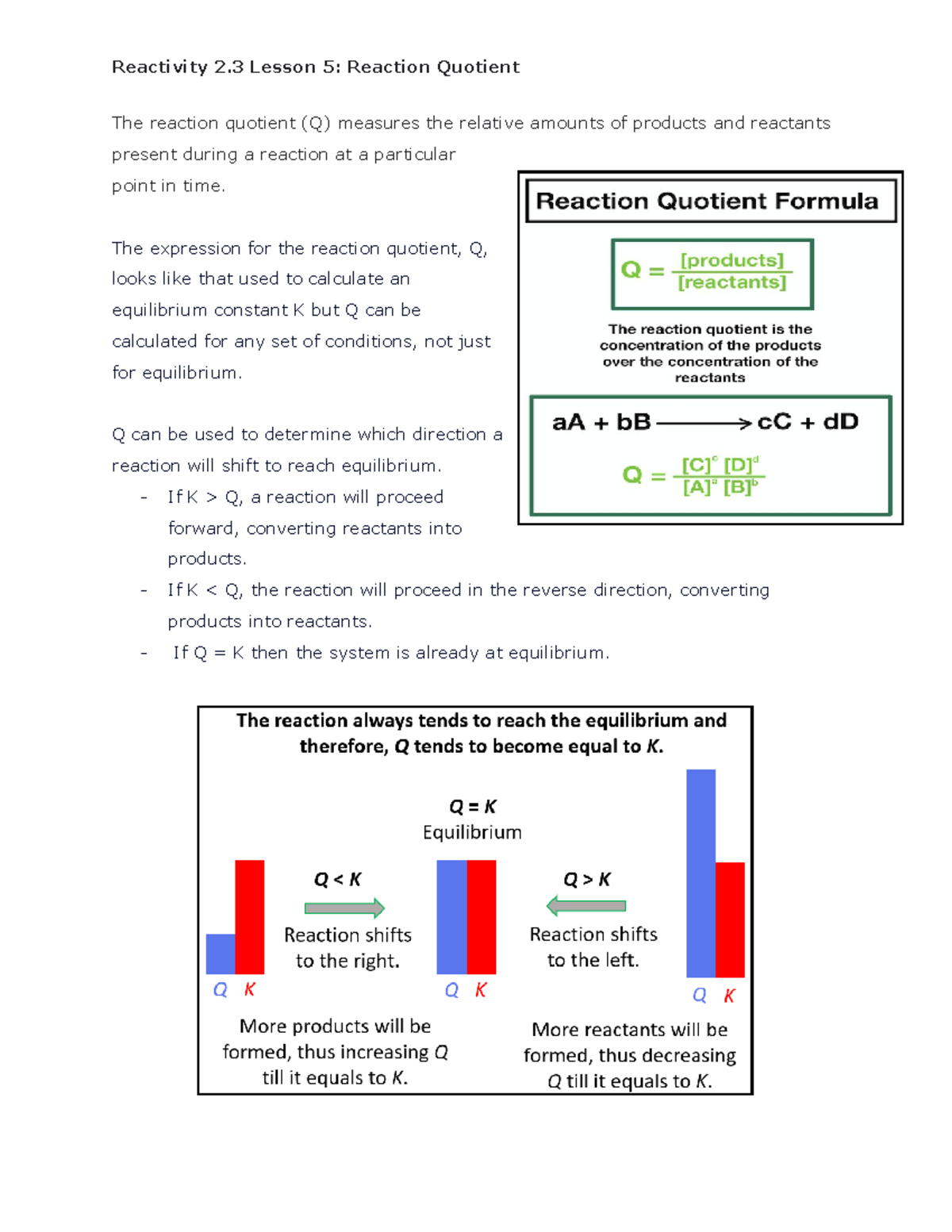 Reactivity 2.3 Lesson 5: Understanding Reaction Quotient (Q) - Studocu