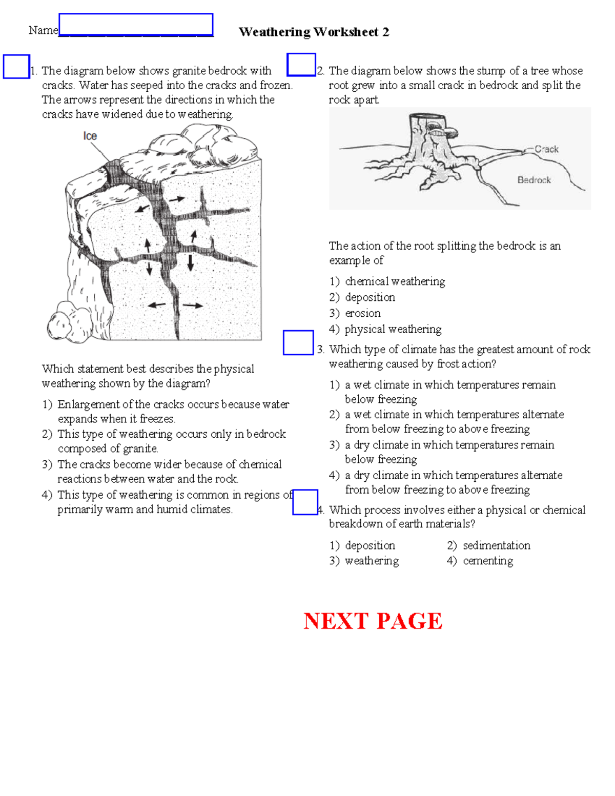 Weathering Worksheet 2-1: Understanding Physical and Chemical Processes ...